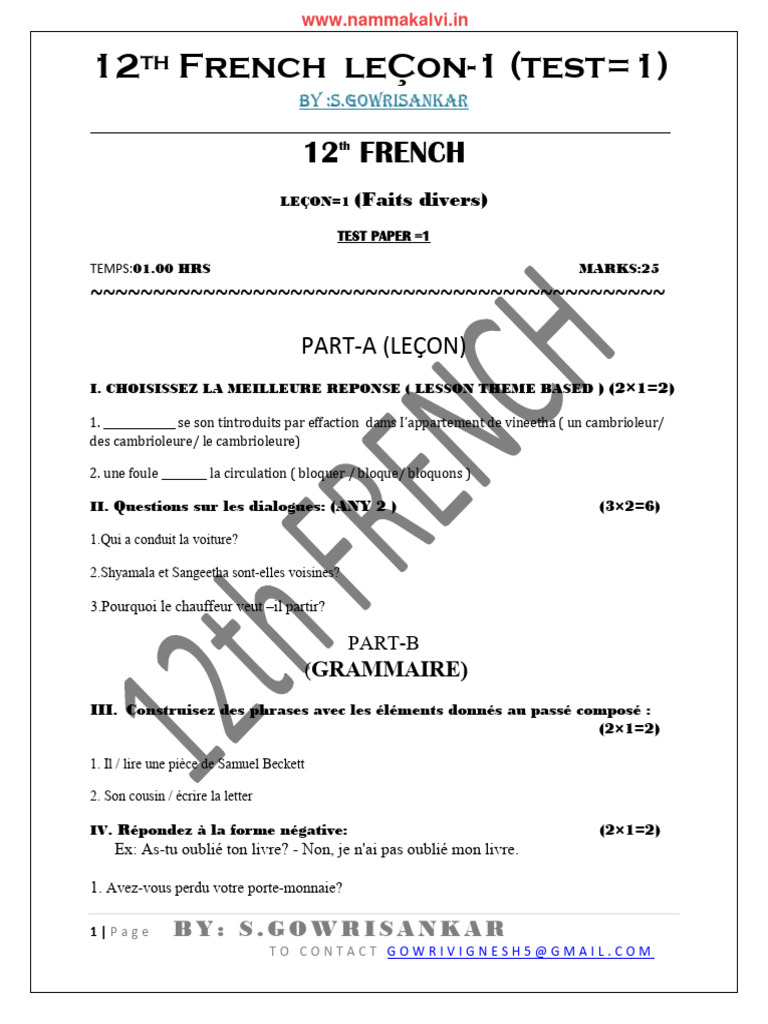 Test de français 12e : Leçon 1 | PDF | Art