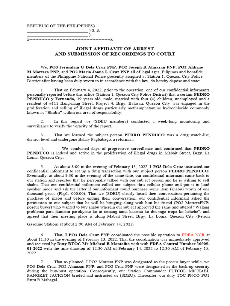 Sample Joint Affidavit of Arrest | PDF | Affidavit
