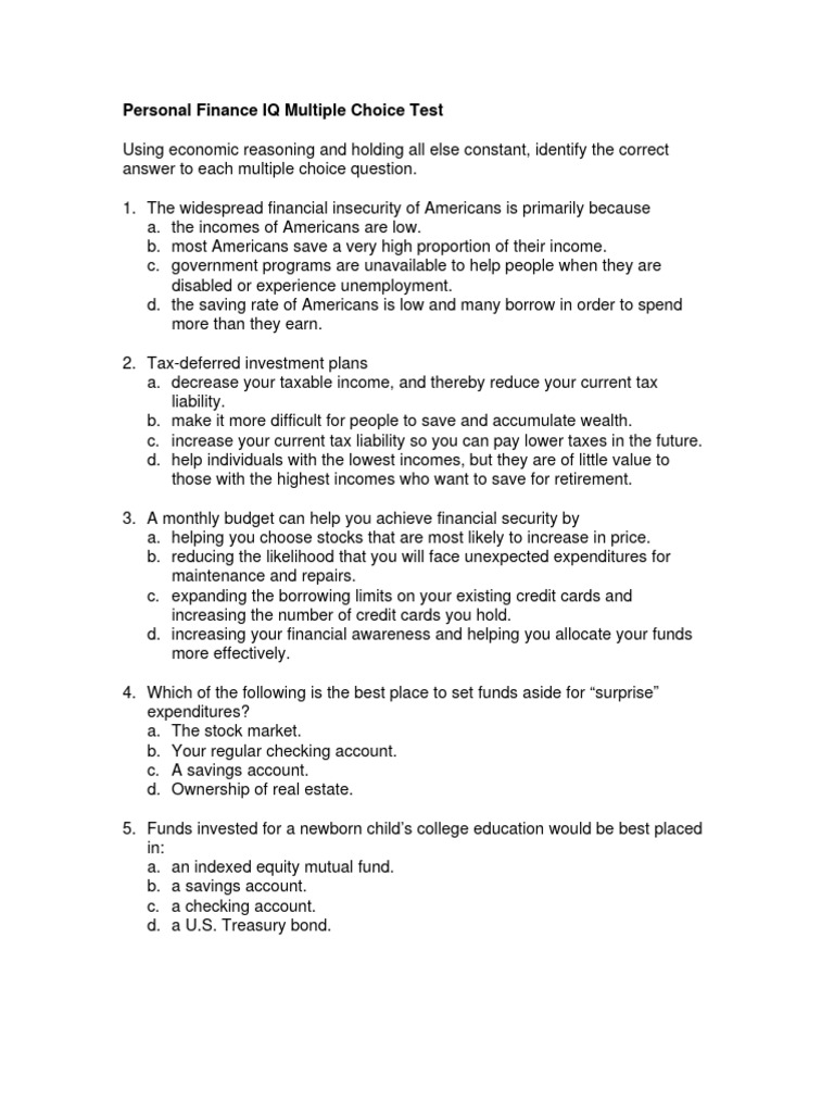 Personal Finance IQ Test Questions | PDF | Investment Fund | Stocks