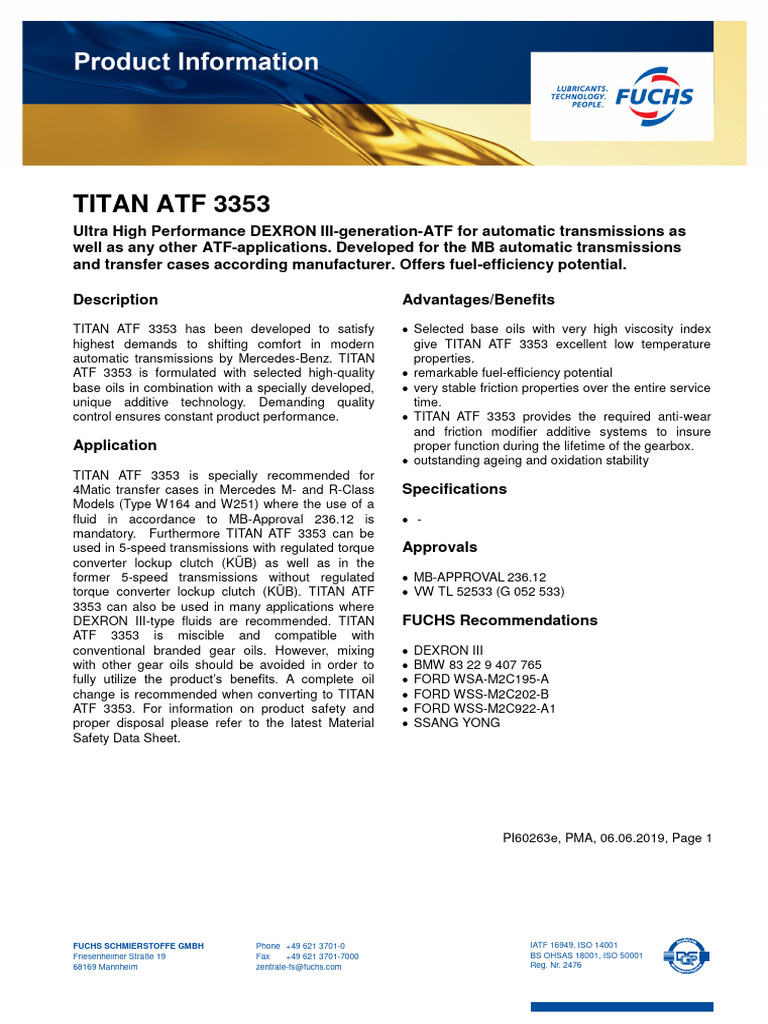 Pi - Titan Atf 3353 | PDF | Automatic Transmission | Mechanical Engineering