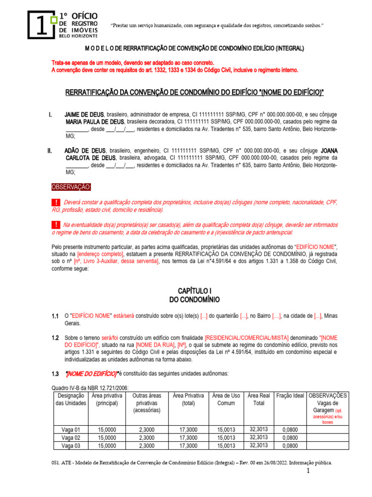 Modelo de Rerratificacao de Convencao de Condominio Edilicio Integral | PDF | Condomínio