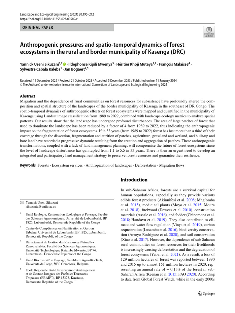 Sikuzani, Et Al. Anthropogenic Pressures and Spatiotemporal Dynamics of ... Sikuzani, Et Al. Anthropogenic Pressures and Spatiotemporal Dynamics of ...