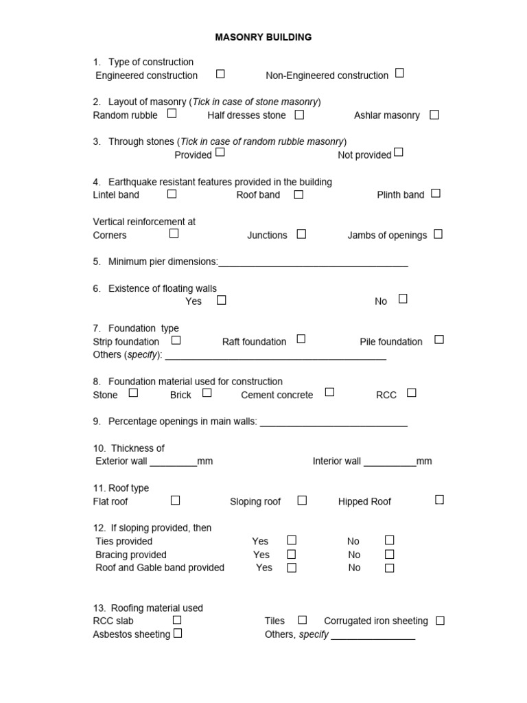 Inspection Note MASONRY BUILDING Form | PDF | Technology & Engineering