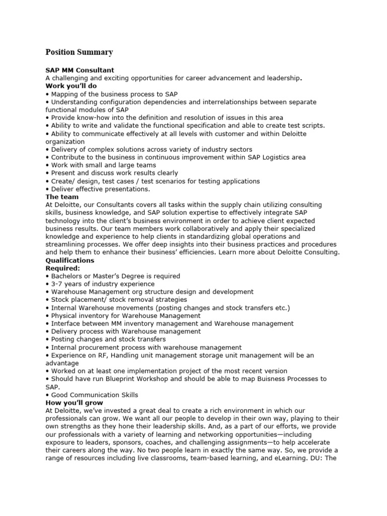 Position Summary | Download Free PDF | Consultant | Warehouse