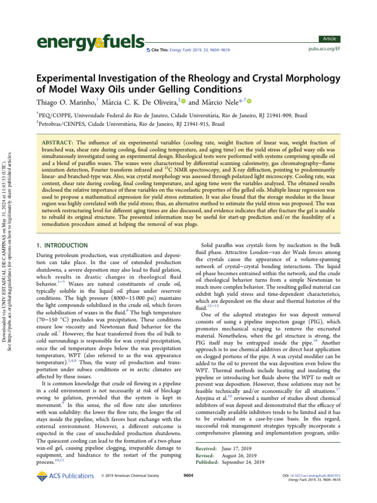 Marinho Et Al 2019 Experimental Investigation of the Rheology and ...