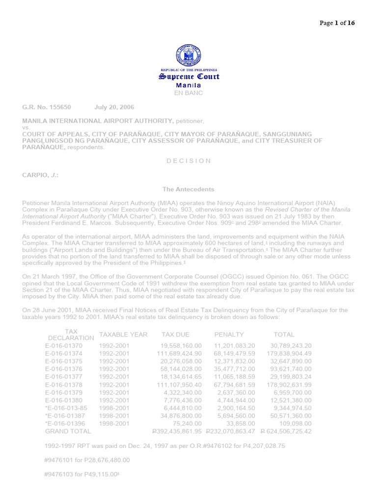 MIAA - MIAA v. CA, July 20, 2006 | PDF | Taxes | Corporations