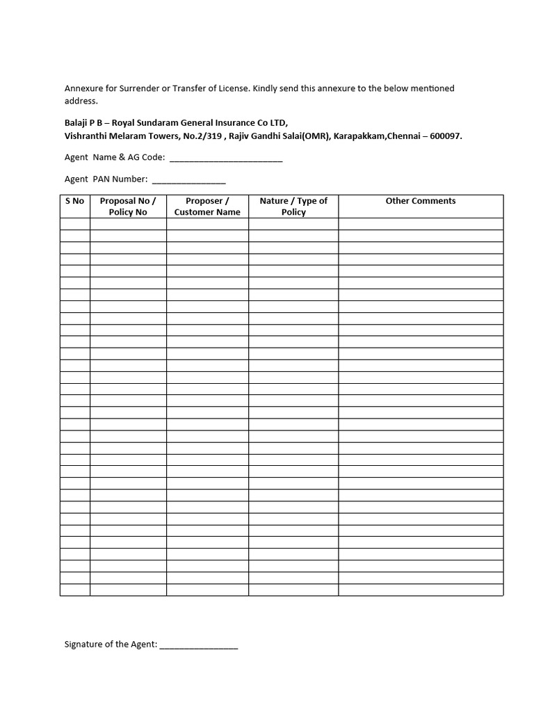 License Surrender/Transfer Annexure Form | PDF | Career & Growth | Finance & Money Management