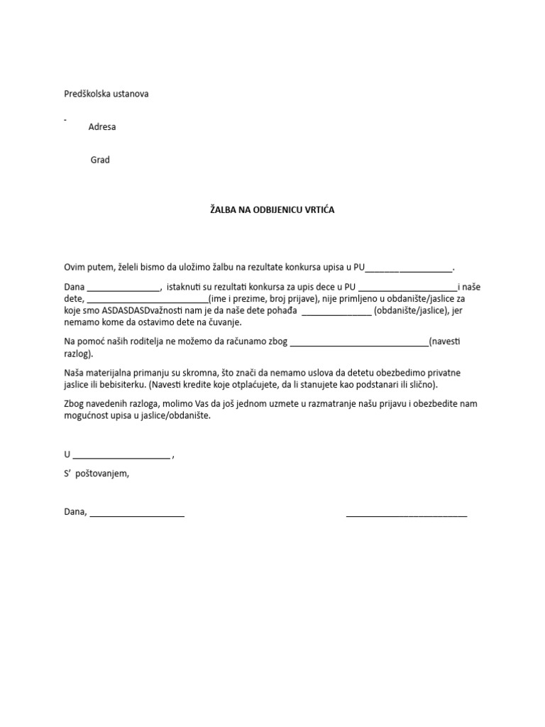 Zalba Na Odbijenicu Vrtica Primer | PDF