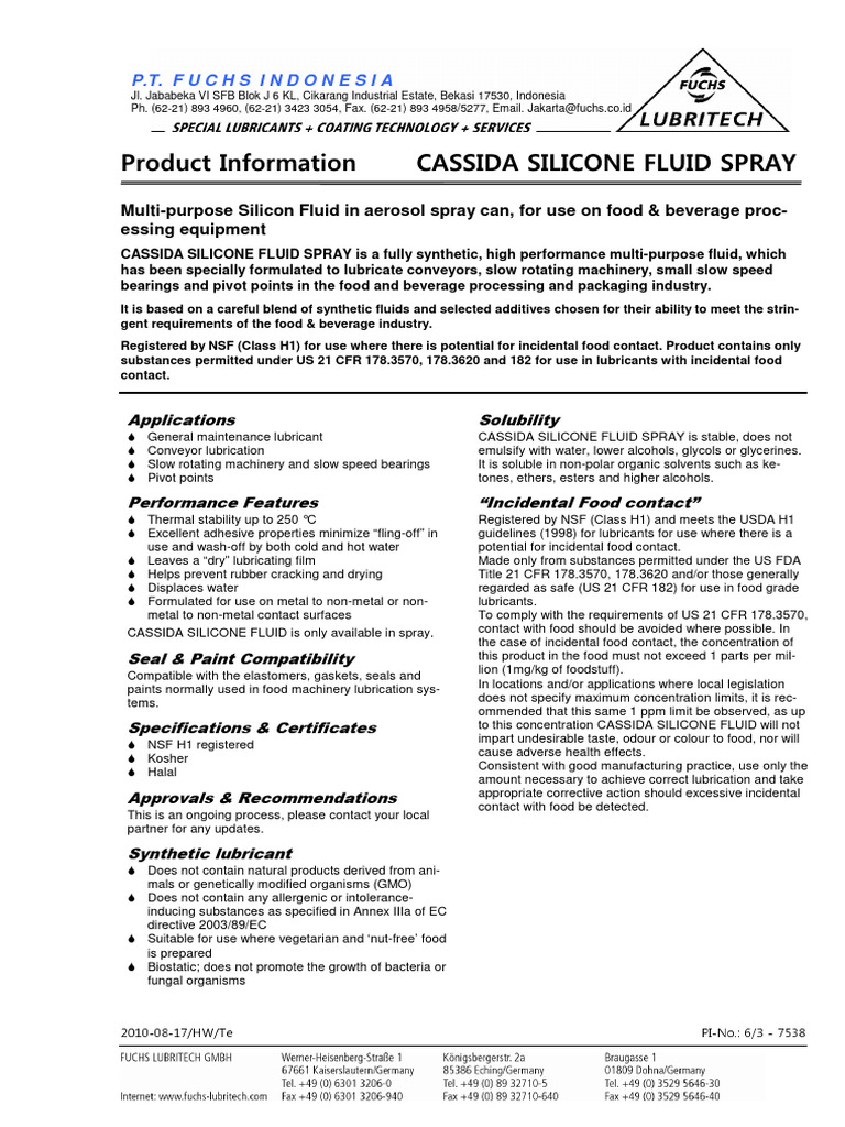 7538 Cassida Silicone Fluid Spray | PDF | Silicone | Lubricant