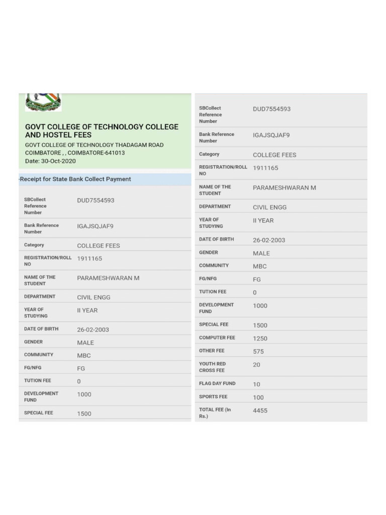 Expense Receipts For Actual Expenses Incurred For Current Academic Year (College Fee-Hostel ...