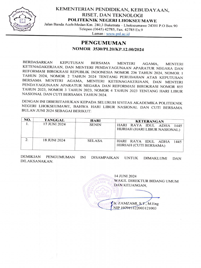Pengumuman Libur Nasional Dan Cuti Bersama Hari Raya Idul Adha - 240615 - 070849 | PDF