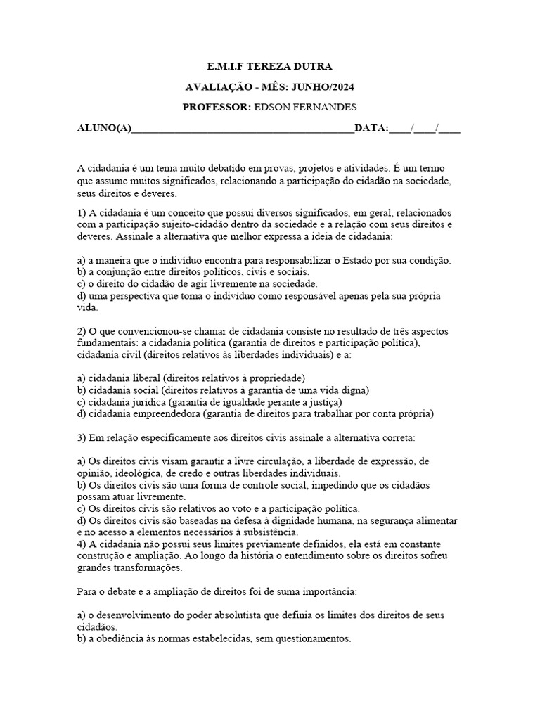 PROVA CIDADANIA | PDF | Cidadania | Direitos Humanos