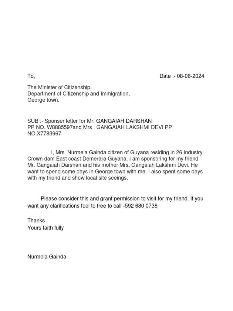 Sponser Letter For Guyana For Darshan | PDF