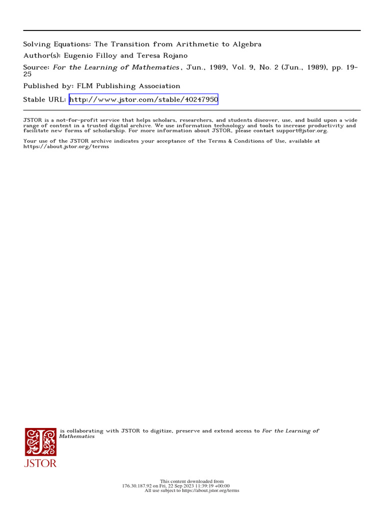 1989 - Filloy - Rojano - Solving Equations The Transition From Arithmetic To Algebra | PDF ...