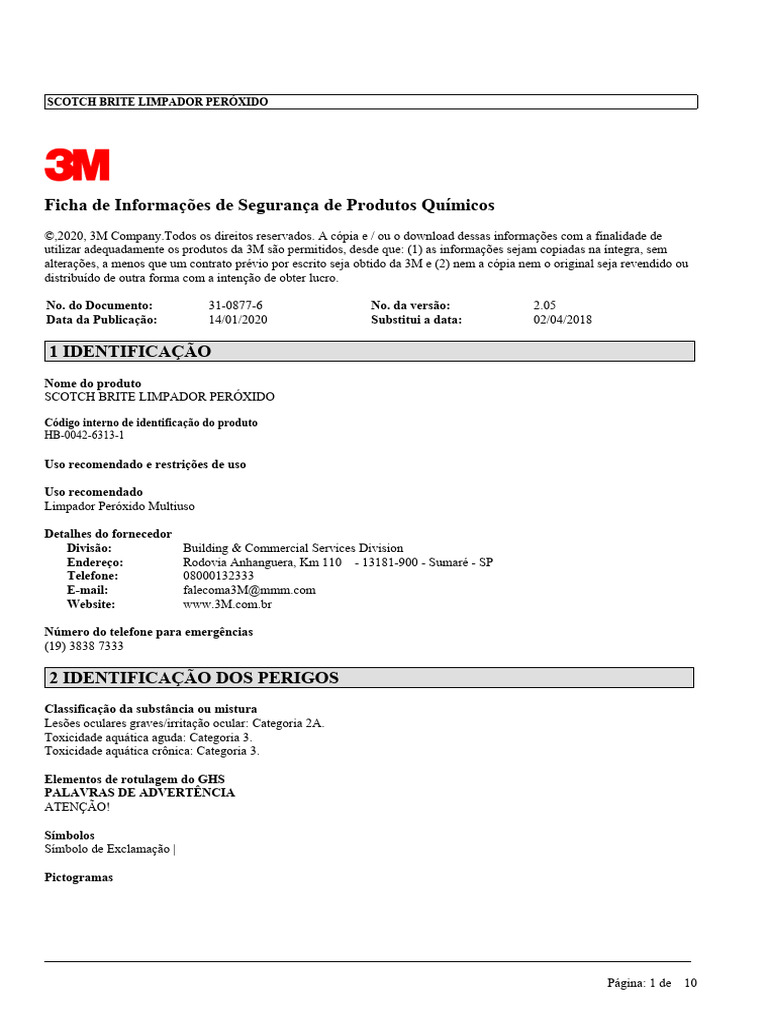 FISPQ_SCOTCH BRITE LIMPADOR PEROXIDO_3M | Download grátis PDF | Desperdício | Densidade