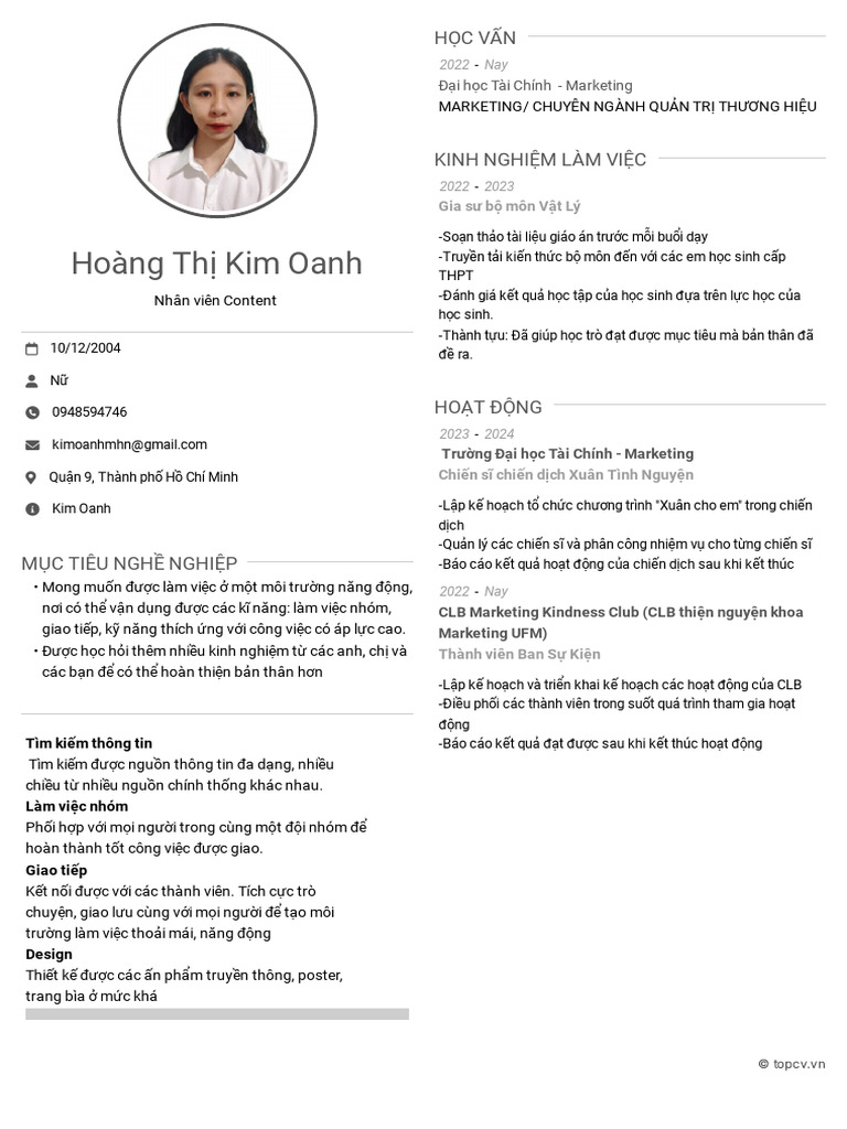 CV Hoàng Thị Kim Oanh - CV Content | PDF