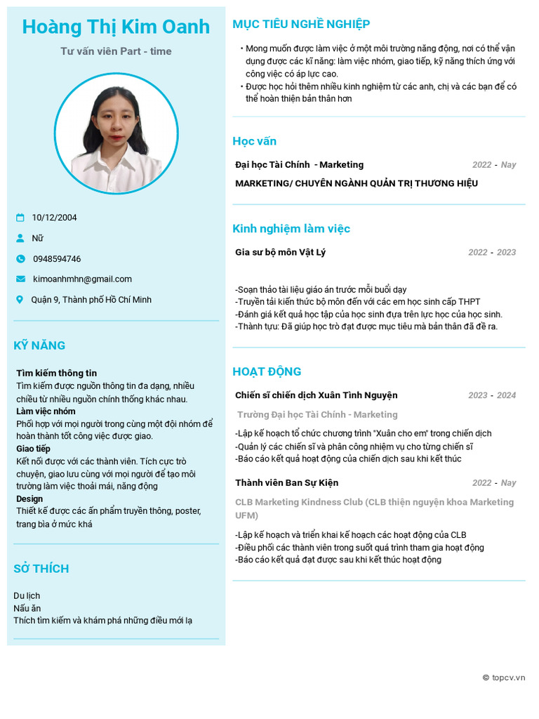 CV Hoàng Thị Kim Oanh - CV Tư vấn viên Part time | PDF