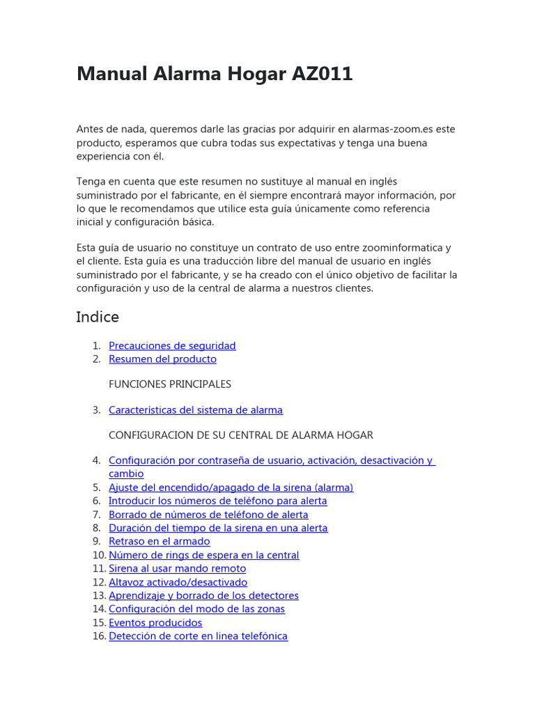 Manual Alarma Hogar AZ011 | PDF | Alarma de seguridad