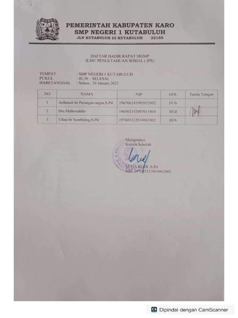 Daftar Hadir MGMP Sekolah Dan MGMP Di Kabupaten | PDF