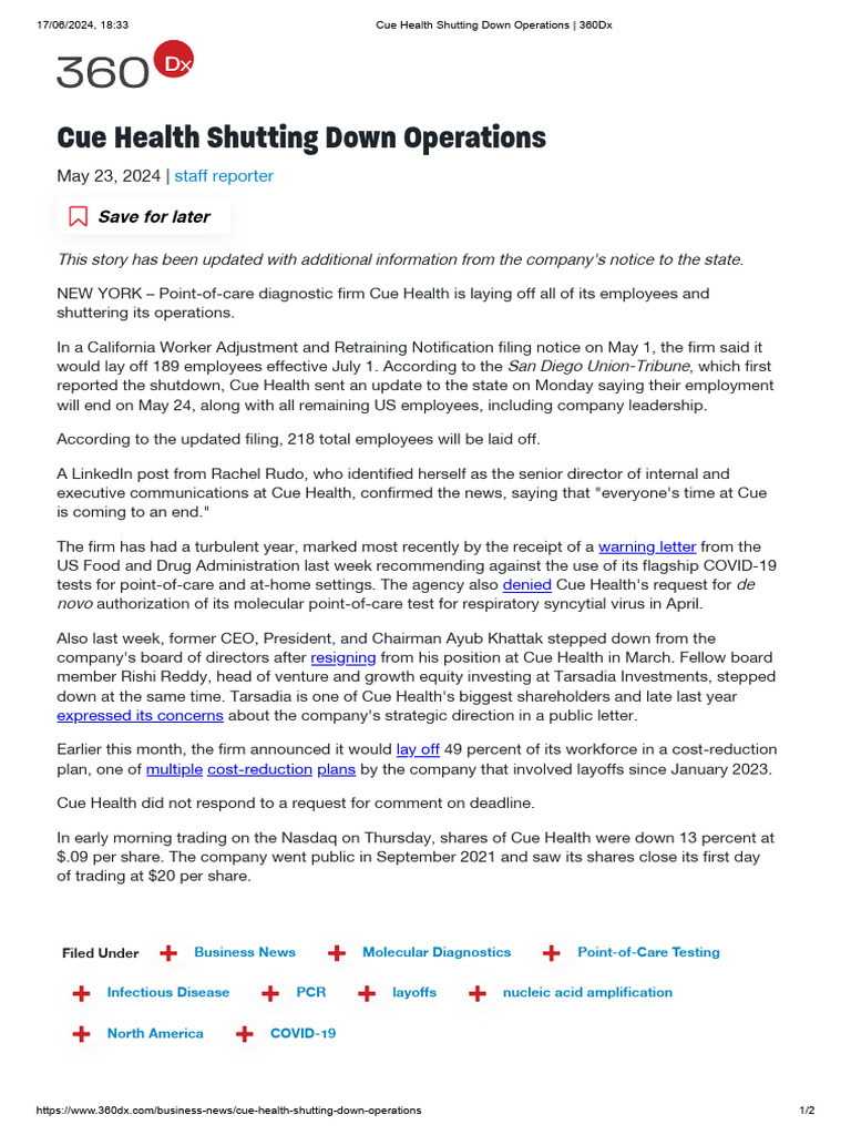 Cue Health Shutting Down Operations - 360Dx | PDF | Layoff