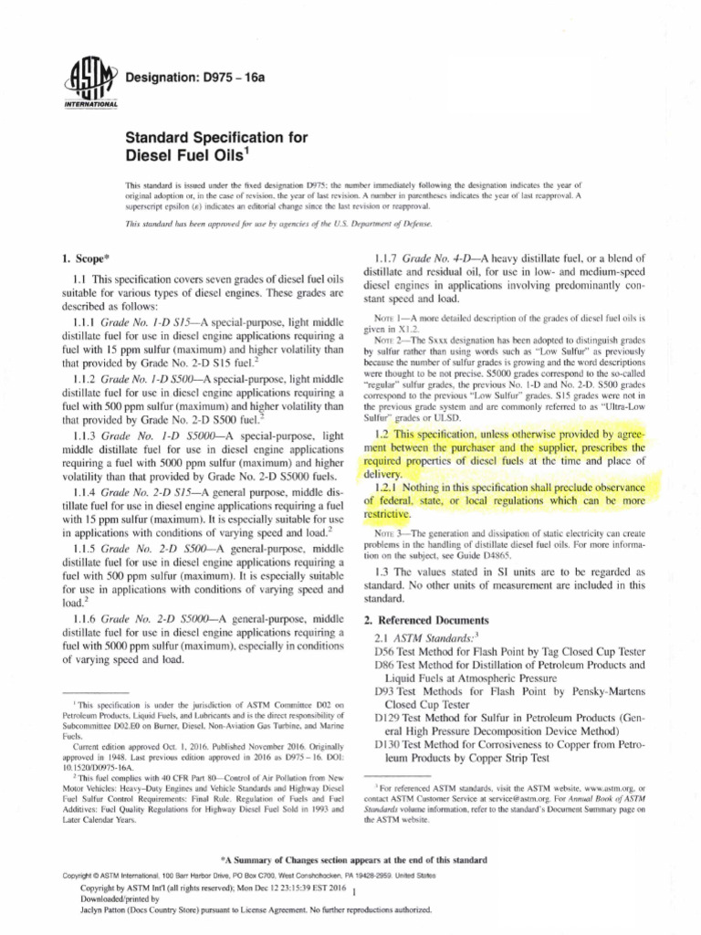 D975, Standard Specification For Diesel Fuel Oils, 2016 | PDF | Diesel Fuel | Fuel Oil