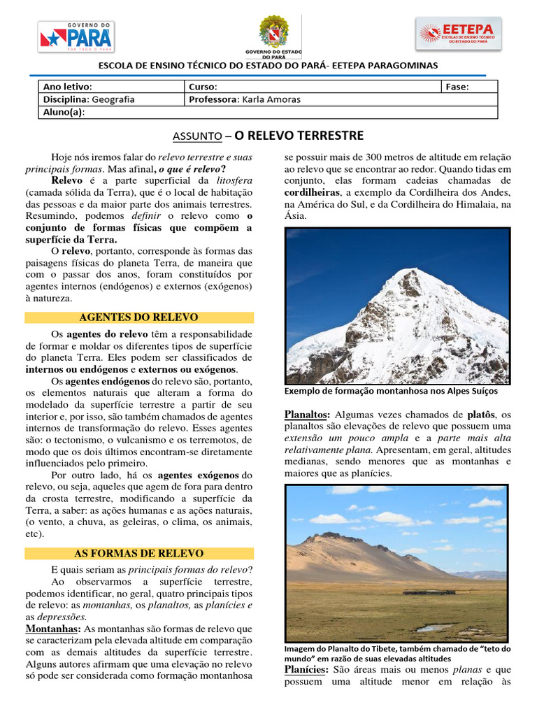 Formas e Agentes do Relevo Terrestre | PDF | Terreno | Montanhas