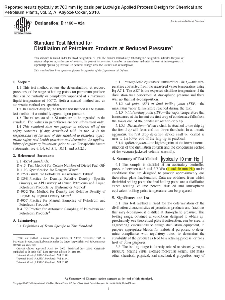 D1160, Standard Test Method For Distillation of Petroleum Products at ...