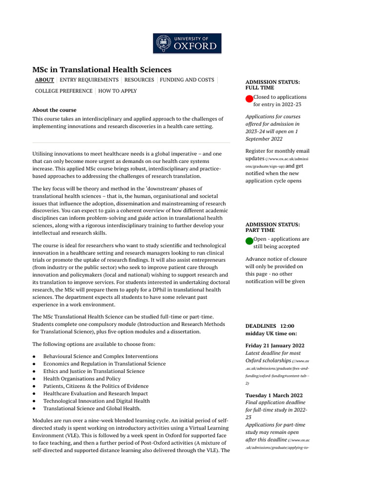 MSC in Translational Health Sciences - University of Oxford | PDF ...