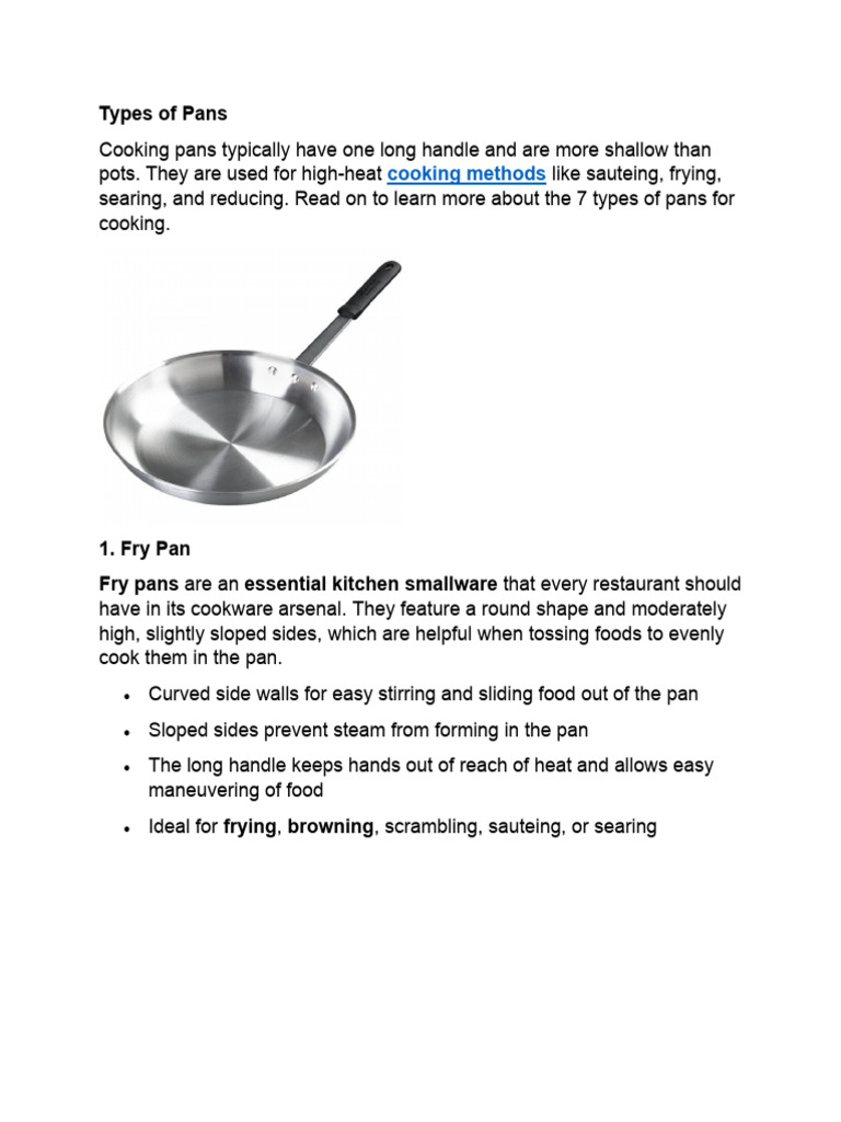 Types of Pots and Pans | PDF | Cookware And Bakeware | Cast Iron Cookware