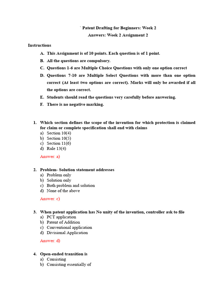 Patent Drafting Week 2 Assignment - Jan - 2024 | PDF | Patent | Invention