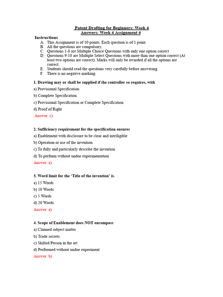 Patent Drafting Week 4 Assignment - Jan 2024 | PDF | Patent | Business Law