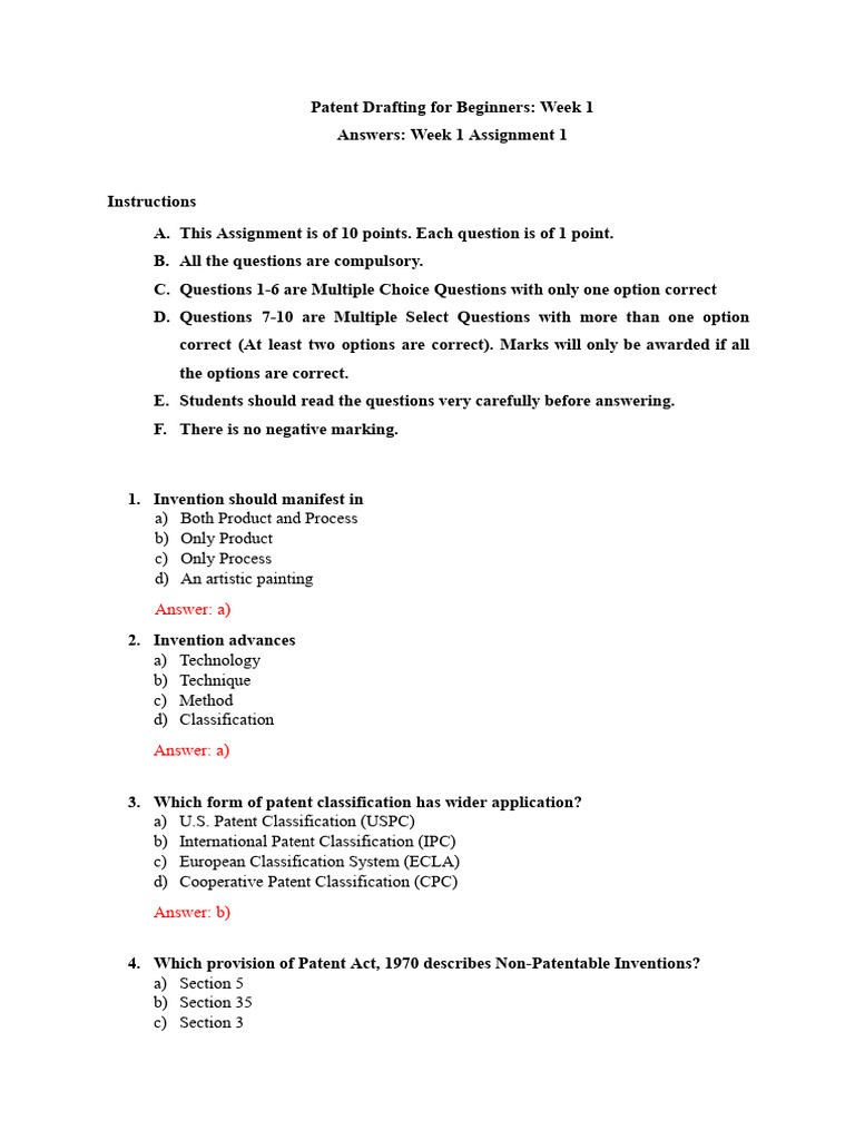 Patent Drafting Basics: Week 1 Answers | PDF | Prior Art | Intellectual ...