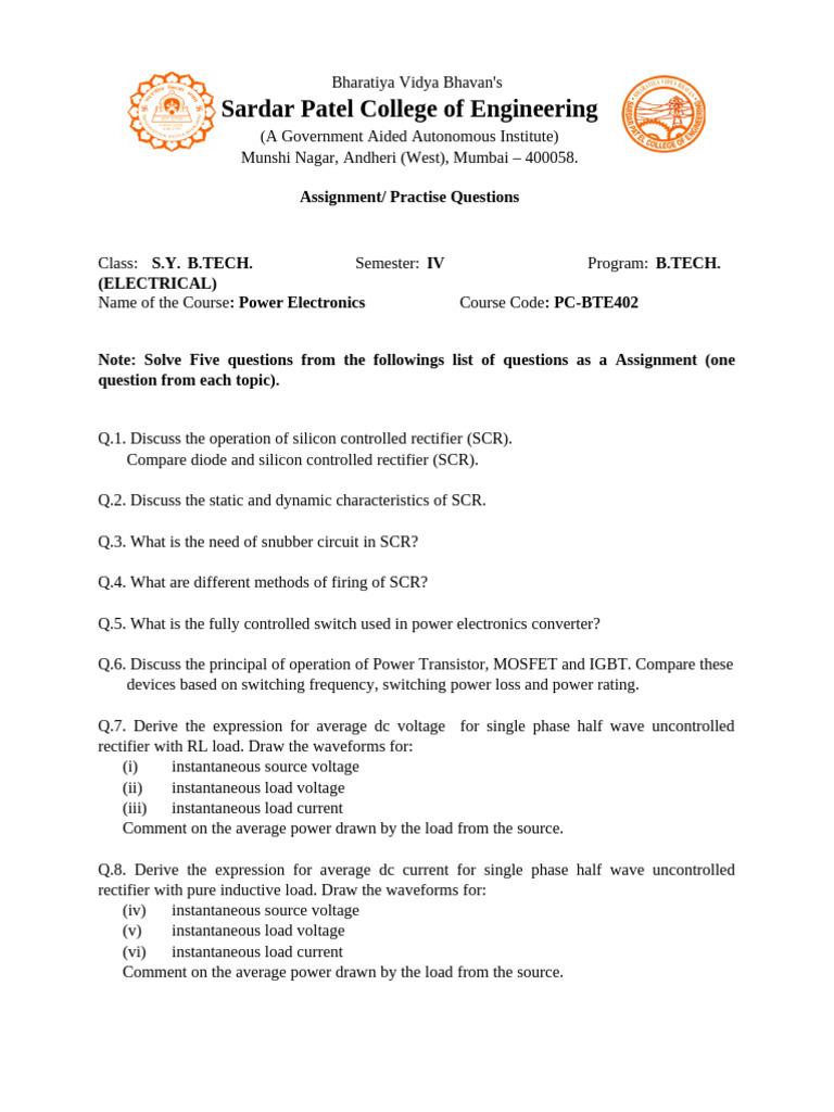 Practice Questions B.Tech-PE-SE-2024 | PDF | Power Inverter | Rectifier