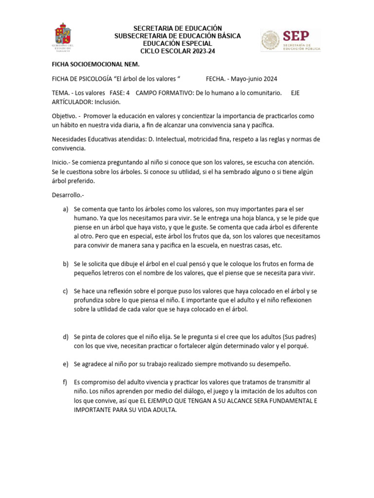 Ficha Nem El Arbol de Los Valores | PDF | Educación especial