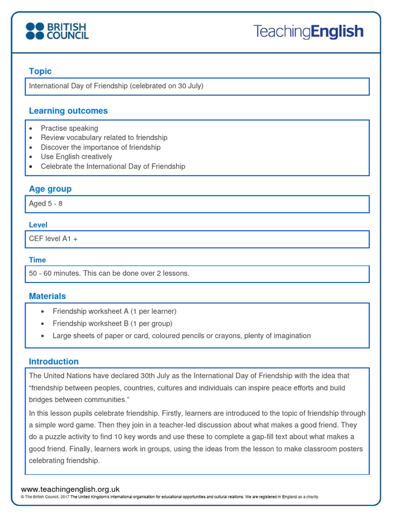 TE Lesson Plan Friendship | PDF | Behavior Modification | Cognition