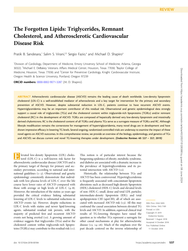 The Forgotten Lipids Triglycerides, Remnant Cholesterol, and Atherosclerotic Cardiovascular ...