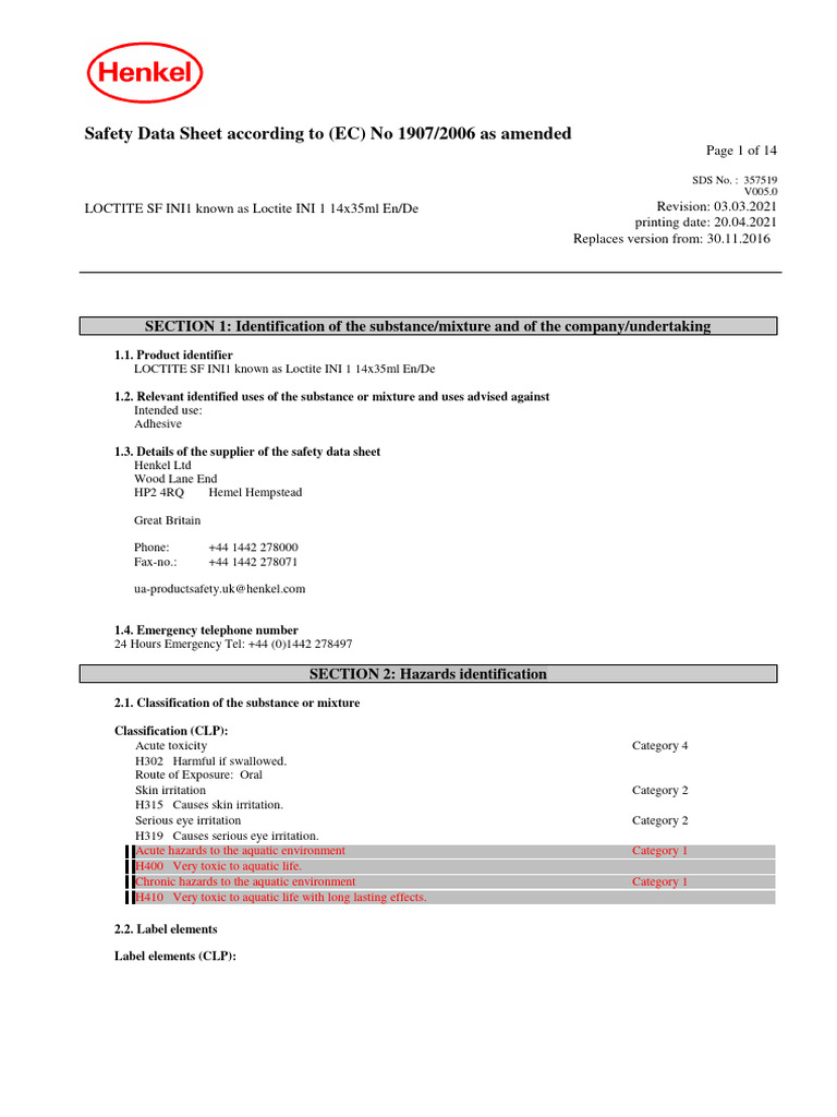 Loctite SF Ini1 SDS | PDF | Toxicity