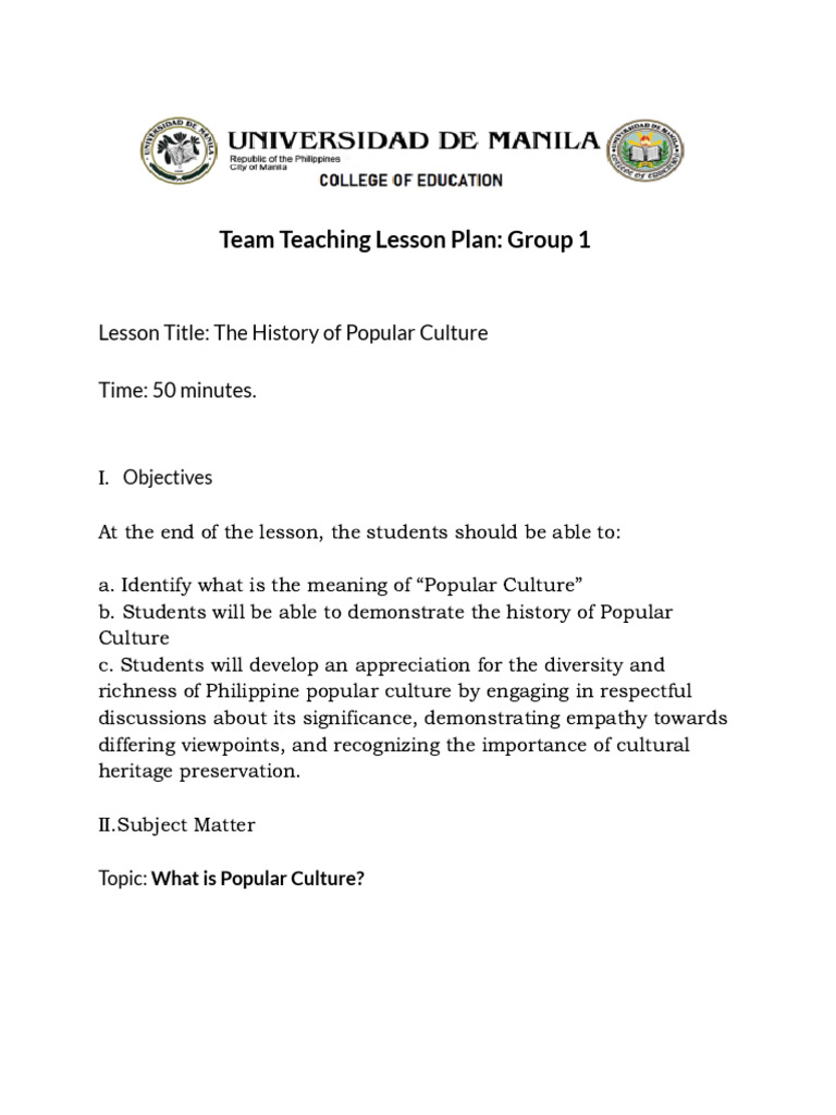 Lesson Plan in Introduction To Pop Culture | PDF | Popular Culture ...
