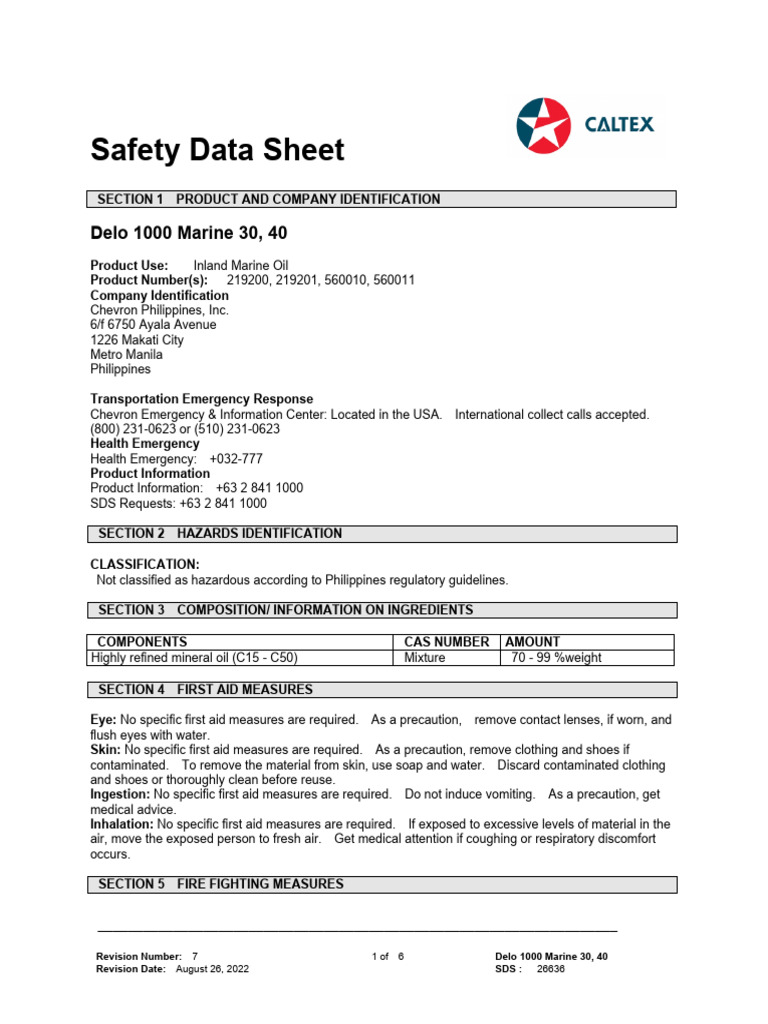 Delo 1000 Marine MSDS | PDF | Personal Protective Equipment | Fires