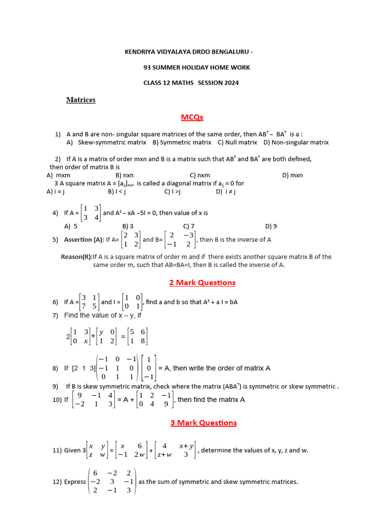HHW Class XII-summer Vacation | PDF | Matrix (Mathematics) | Mathematical Analysis