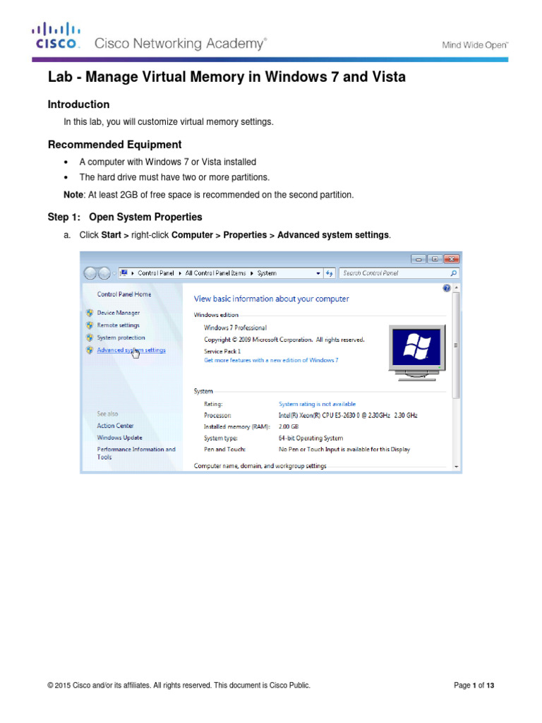 6.1.2.12 Lab - Manage Virtual Memory in Windows 7 and Vista | PDF ...