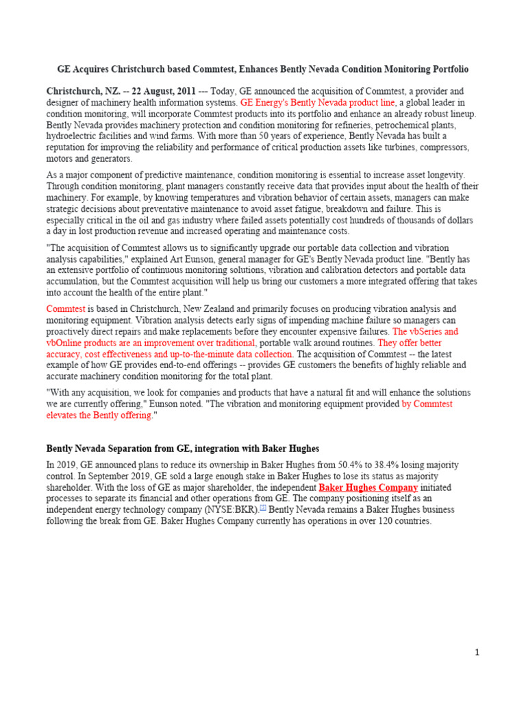 GE Bently Nevada Acquires Commtest (Vbonline) | PDF | Engineering