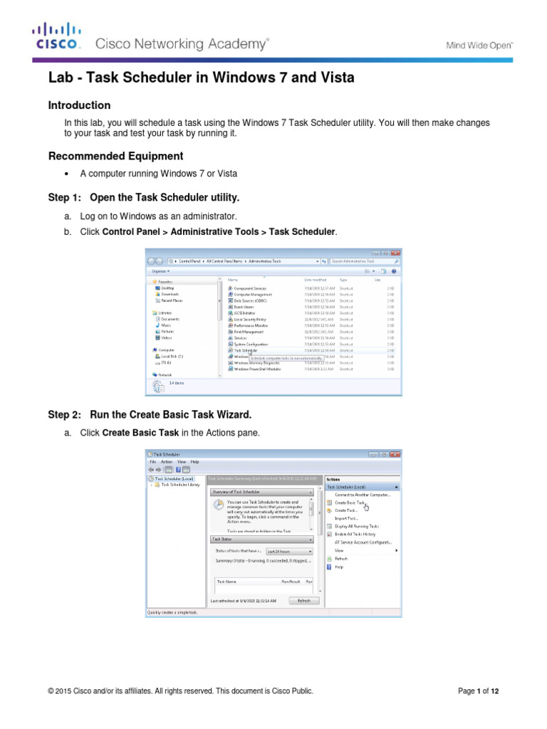 6.3.1.5 Lab - Task Scheduler in Windows 7 and Vista | PDF | Windows 7 | Windows Vista