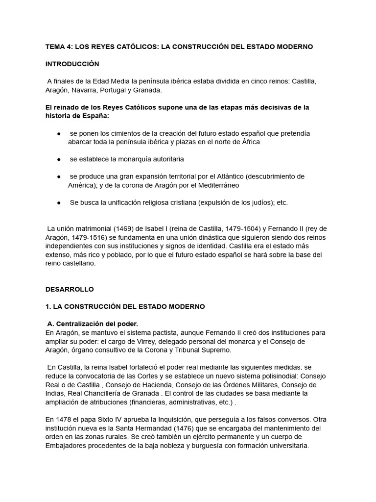 Tema 4 - Los Reyes Católicos - La Construcción Del Estado Moderno | PDF | Imperio español | España