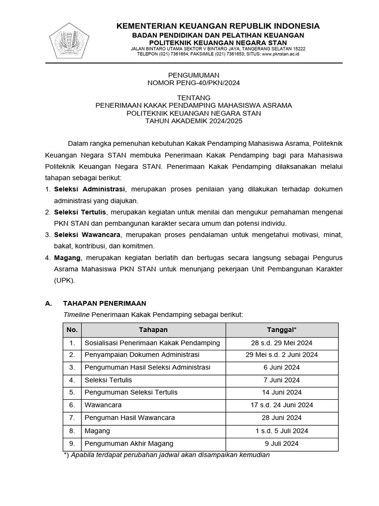 Penerimaan Kakak Pendamping Mahasiswa Asrama Politeknik Keuangan Negara ...