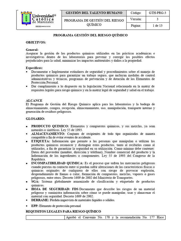 Programa de Gestión del Riesgo Químico | PDF | Laboratorios | Residuos