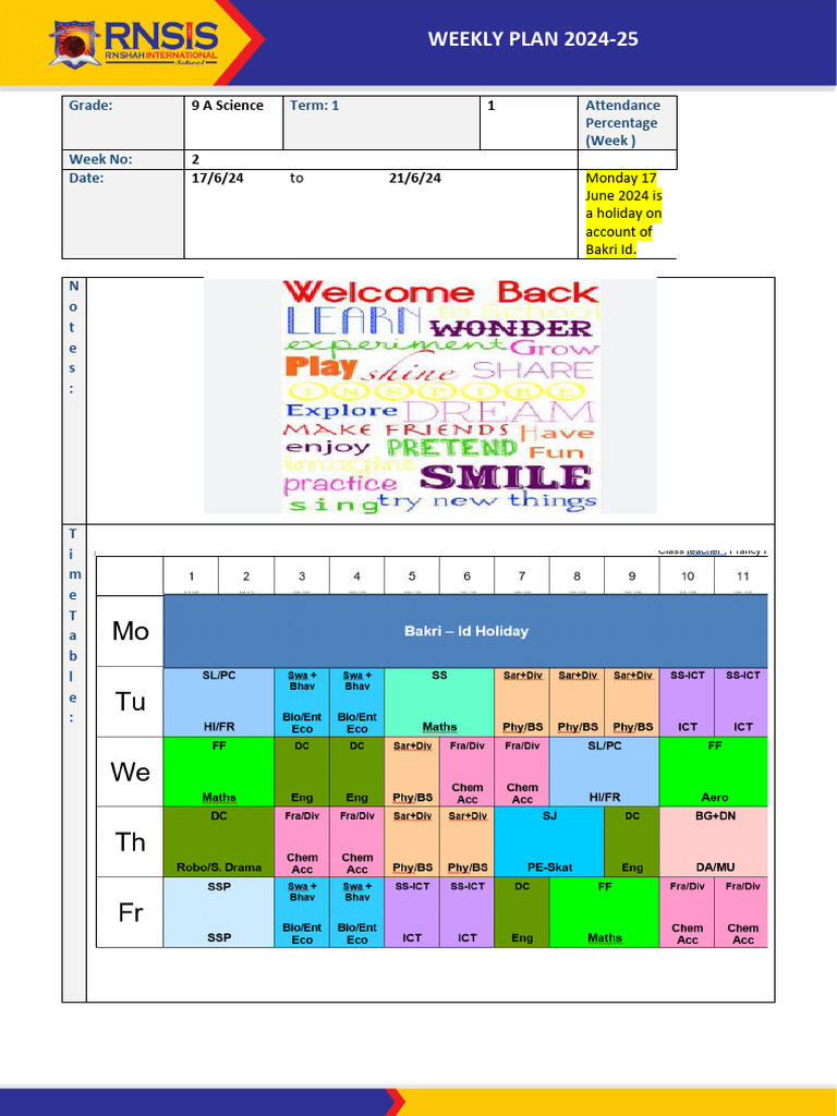 Weekly Science Plan for Grade 9A | PDF | Cell (Biology) | Acceleration