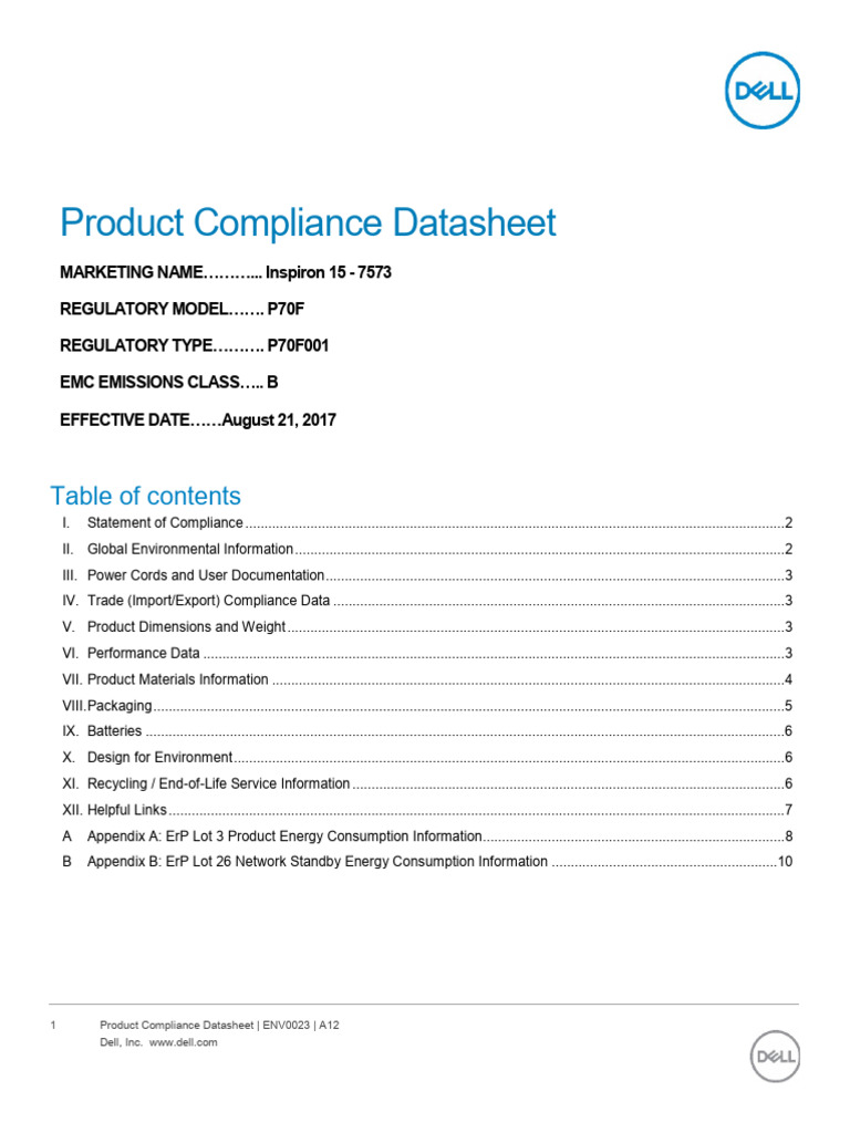 Dell Inspiron 7573, p70f, p70f001, Dell Regulatory and Environmental ...