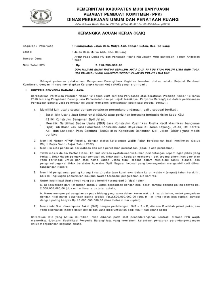 KAK Jalan Mulya Asih | PDF