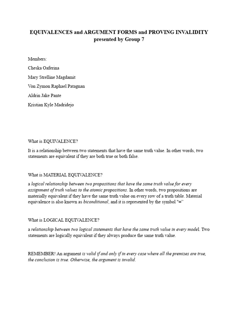 EQUIVALENCES and ARGUMENT FORMS and PROVING INVALIDITY | PDF | Argument | Logic